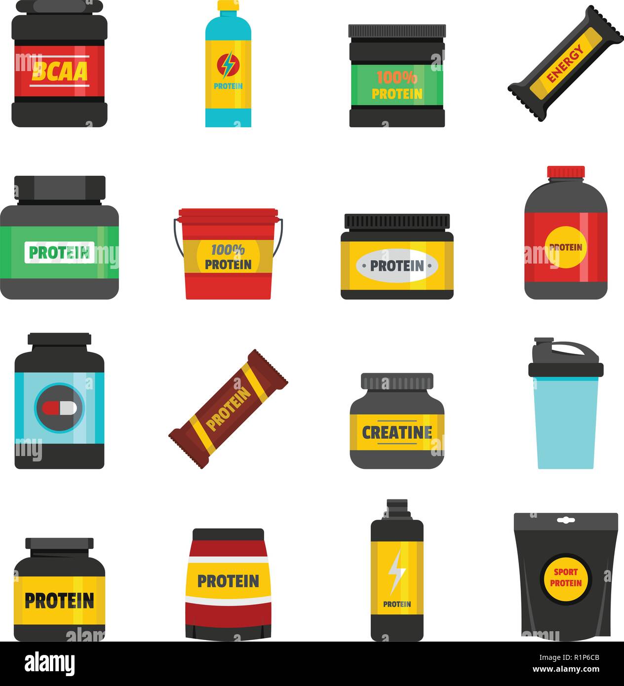 Protein sport nutrition containers icons set. Flat illustration of 16 ...
