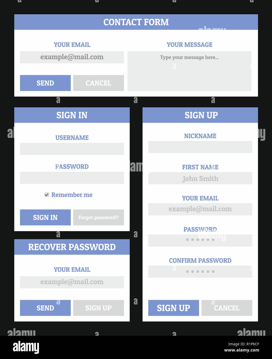 Website form set. Flat illustration of 4 log in and register website ...