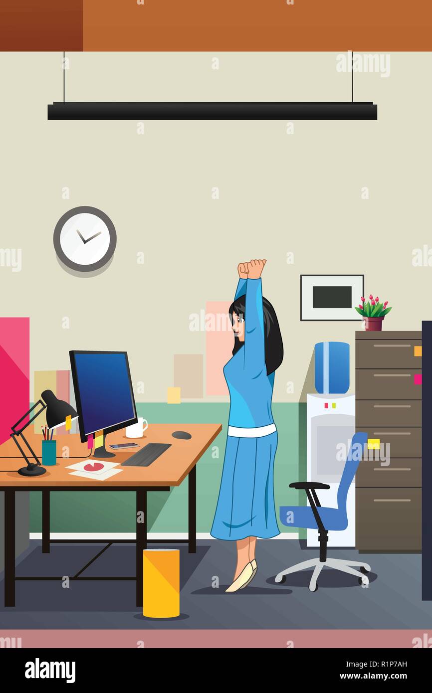 A vector illustration of Girl Stretching in Front of the Computer Stock ...