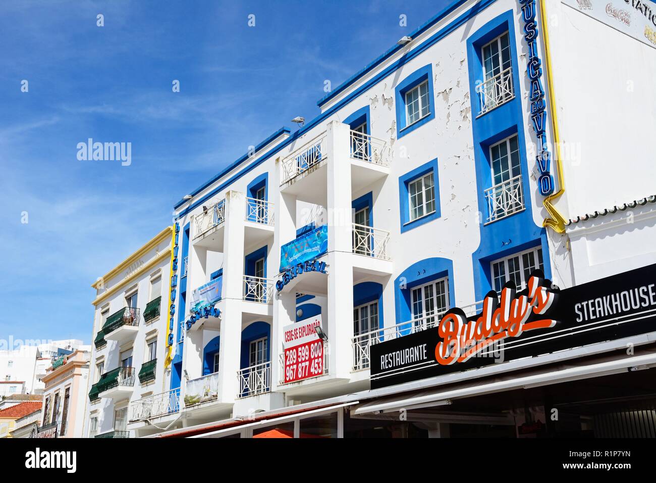 Buildings around the main square of the old town, Albufeira, Algarve ...