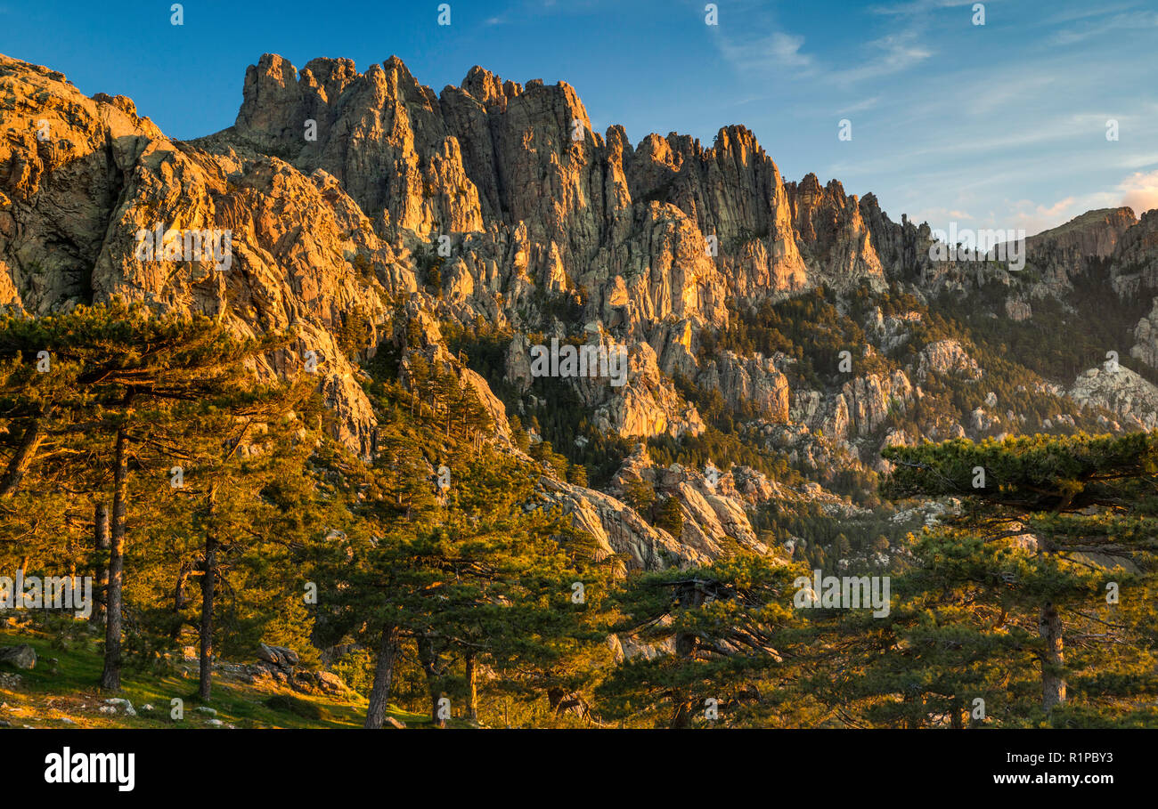 Aiguilles de Bavella, view at sunrise from Col de Bavella pass, Corse ...