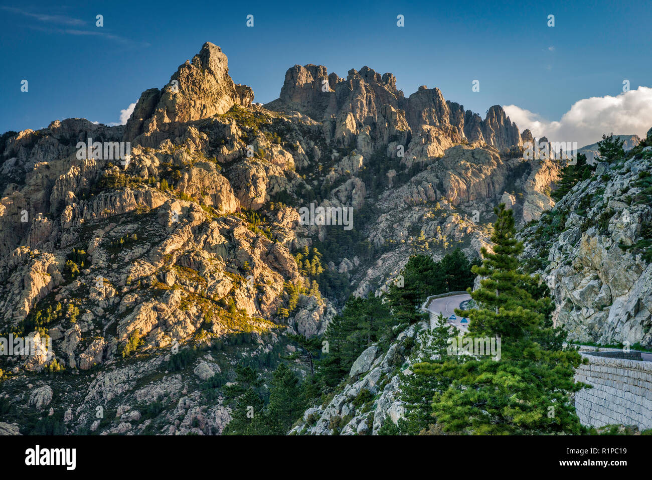 Aiguilles de Bavella, view at sunrise from Col de Bavella pass, Corse ...