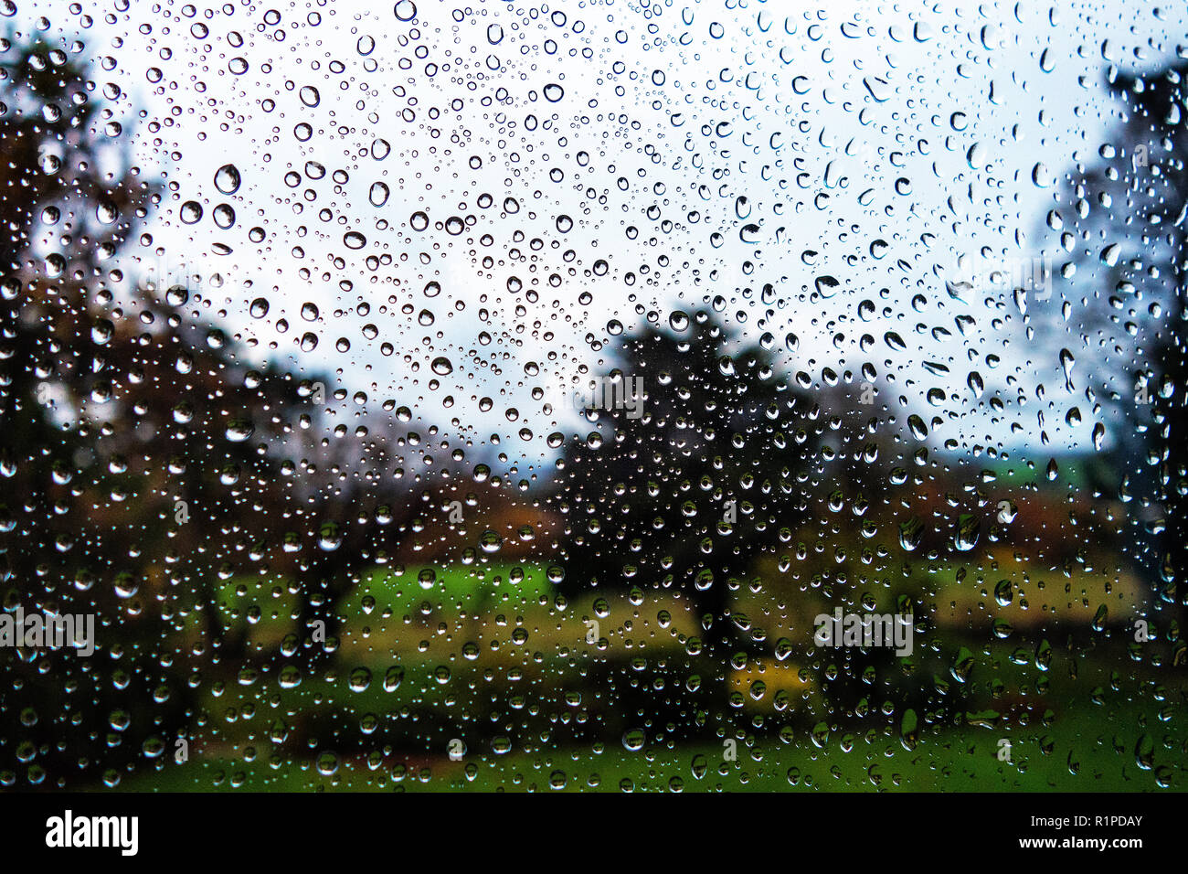 Raindrops on glass window against garden scene with bright sky and lawn ...