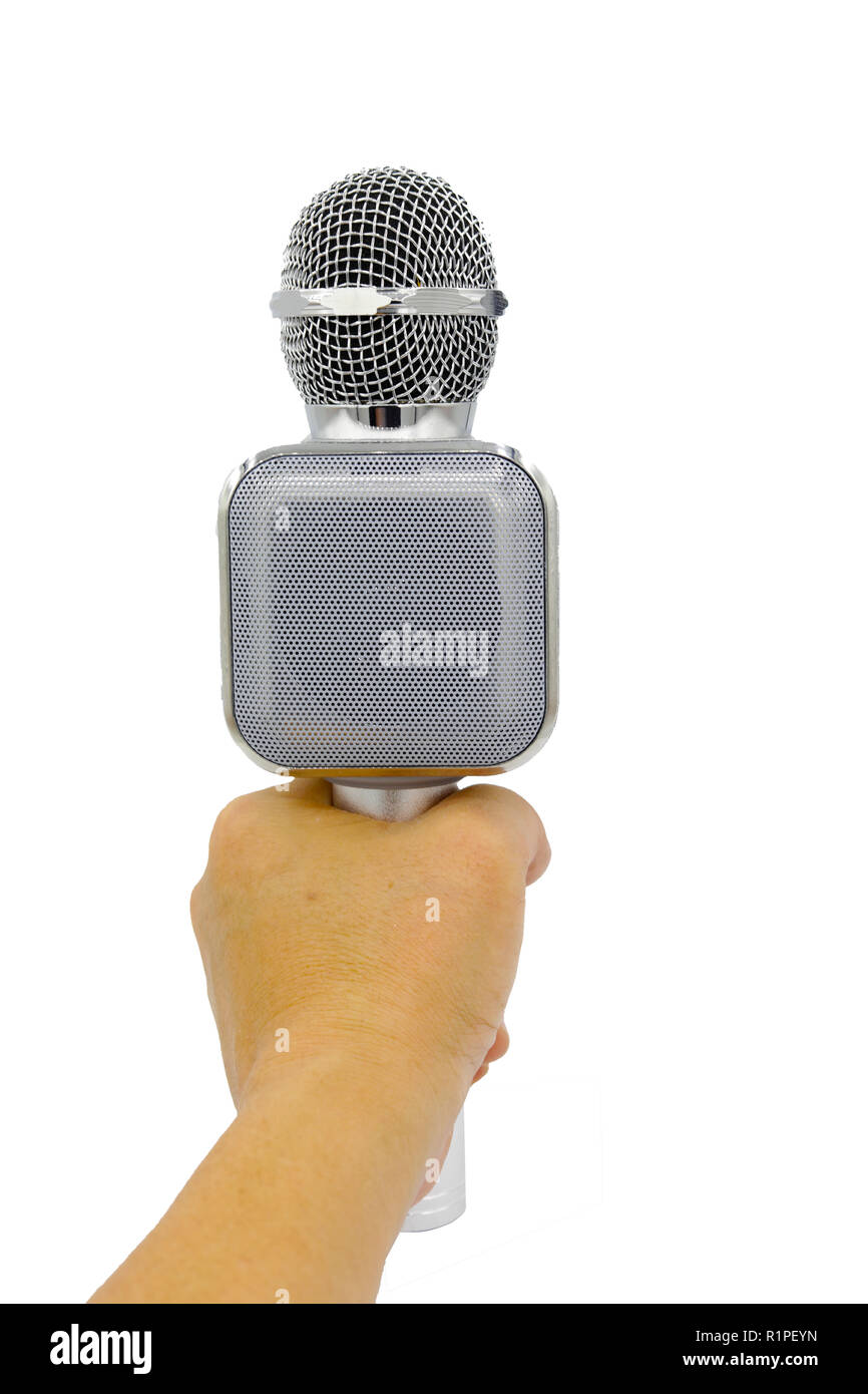 Hand with microphone isolated on white background Stock Photo - Alamy