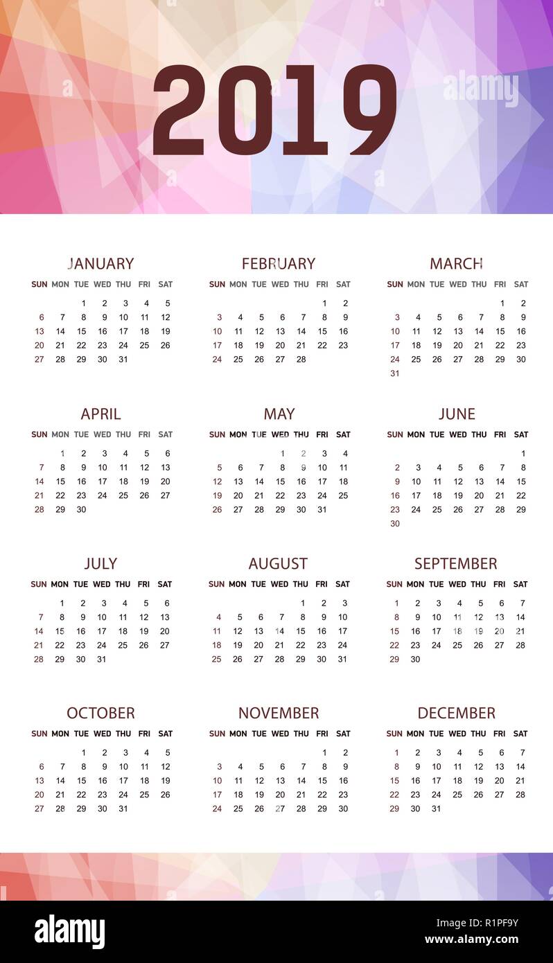 Vertical Modern calendar template for 2019 years. Week starts from ...