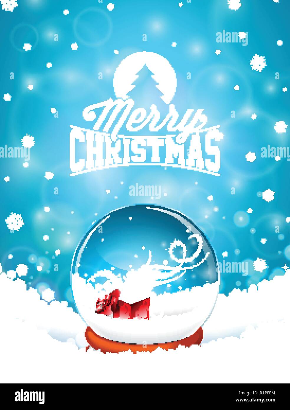 Merry Christmas illustration with snow globe and snowflakes on winter ...