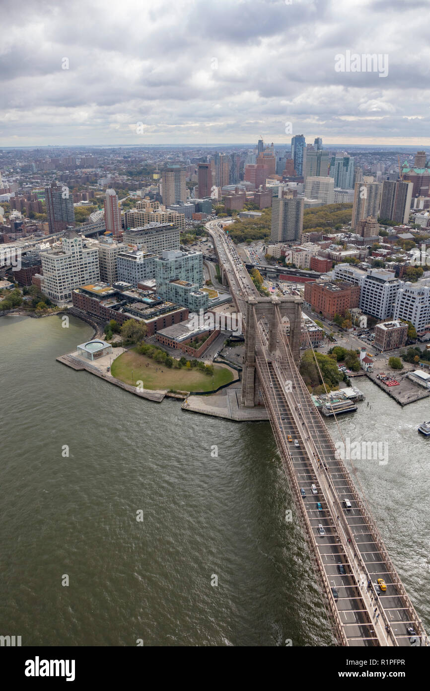 helicopter aerial view of Brooklyn Bridge, New York, USA Stock Photo ...