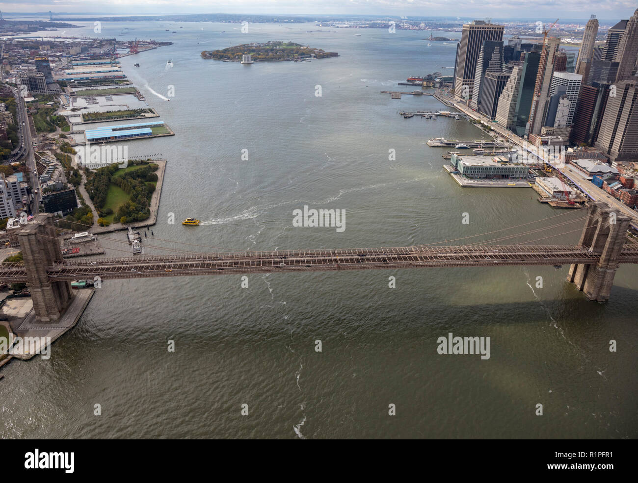 helicopter aerial view of Brooklyn Bridge, New York, USA Stock Photo ...