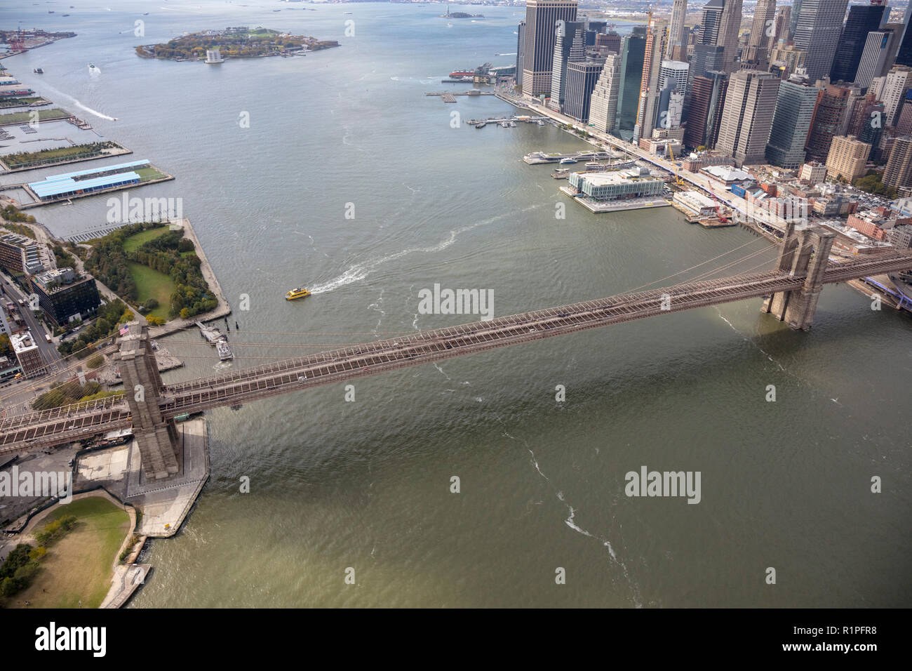 helicopter aerial view of Brooklyn Bridge, New York, USA Stock Photo ...