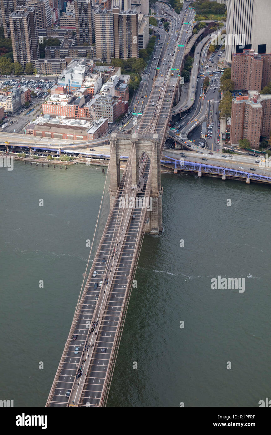 helicopter aerial view of Brooklyn Bridge, New York, USA Stock Photo ...