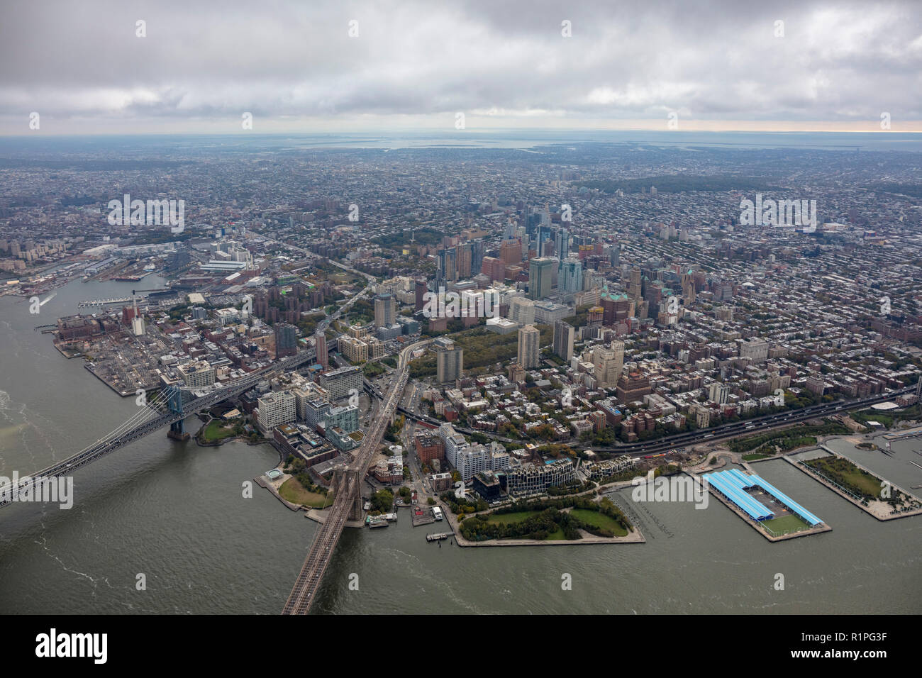 helicopter aerial view of Brooklyn Heights and downtown Brooklyn, New ...