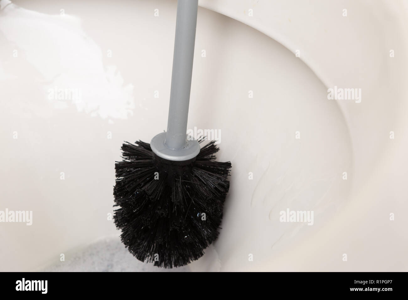Black toilet brush being used for cleaning inside of white porcelain wc ...