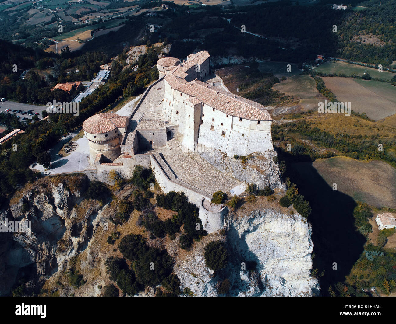 San Leo, Italy - Aerial view of the castle of San Leo, the prison ...