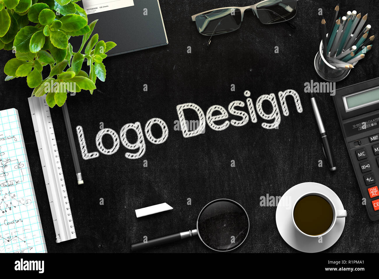 Logo Design on Black Chalkboard. 3D Rendering Stock Photo - Alamy