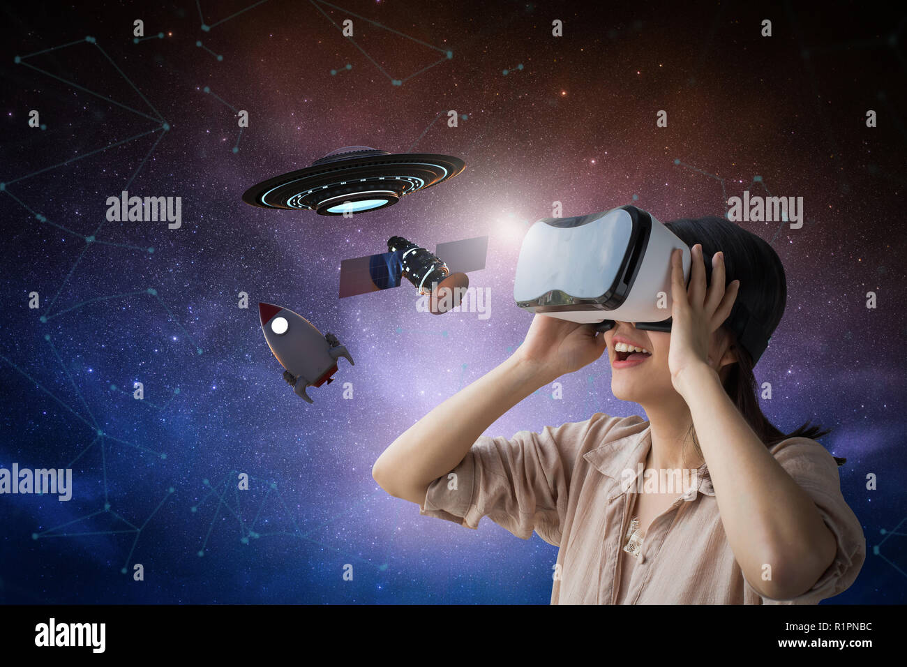 asian woman wear vr headset and enjoy experience with 3d rendering ...