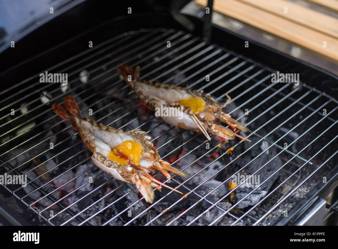 Grilled Thai river prawns on a charcoal grill cooked to perfection ...