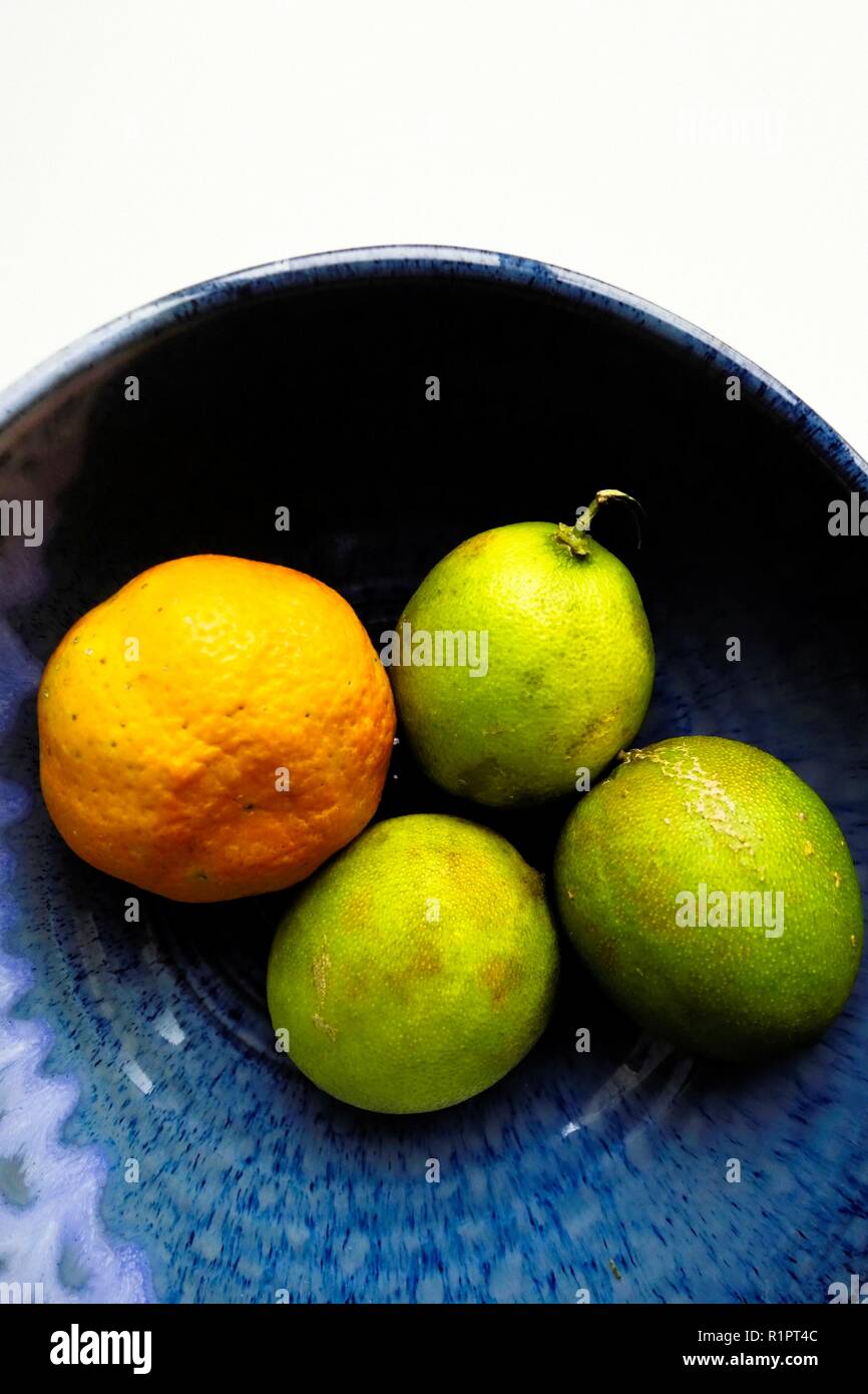 Ceramic Bowl of fresh Lemons and One Mandarin Orange, Crete, Greece ...