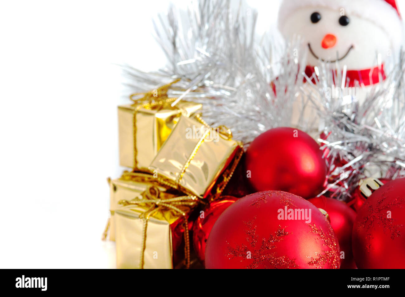 Merry Christmas, New Year, snowman, gifts in gold boxes and red balls ...