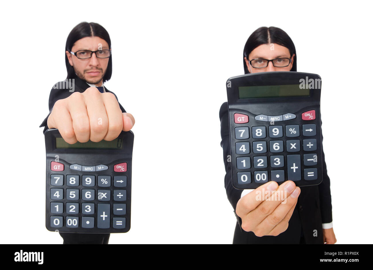 Man with calculator isolated on white Stock Photo - Alamy