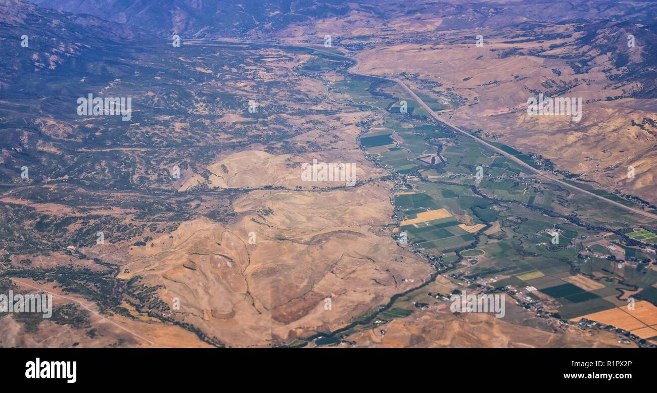 Aerial view of topographical Rocky Mountain landscapes on flight over ...