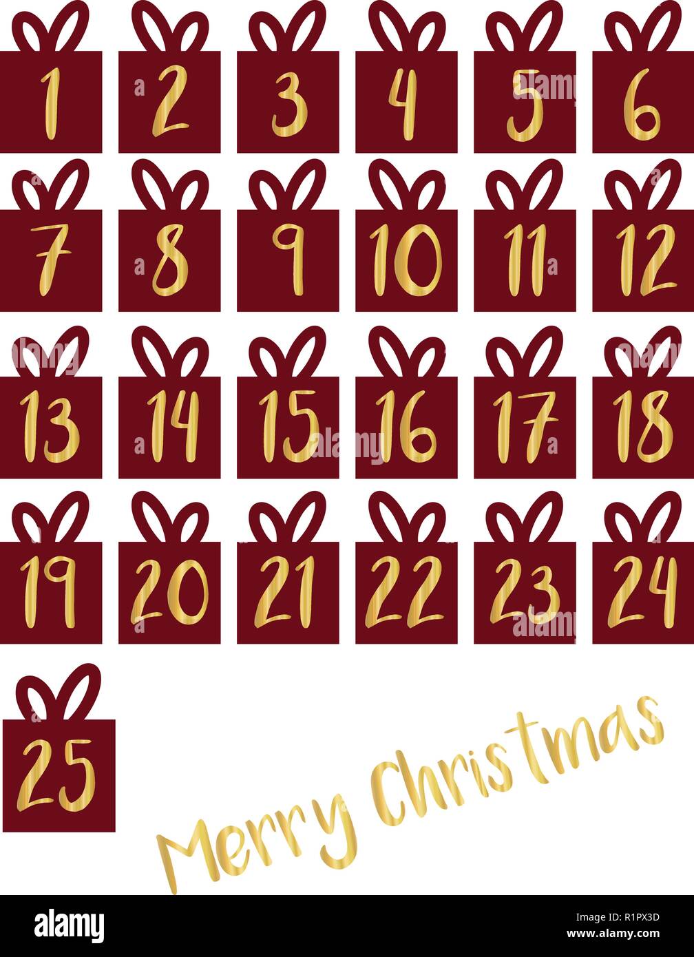 Gift box set gold foil numbers vector illustration. Advent calendar ...