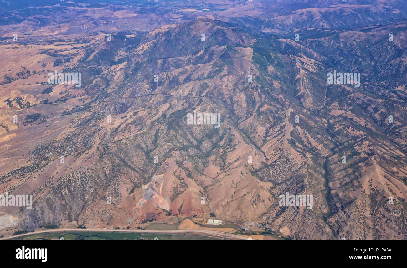 Aerial view of topographical Rocky Mountain landscapes on flight over ...