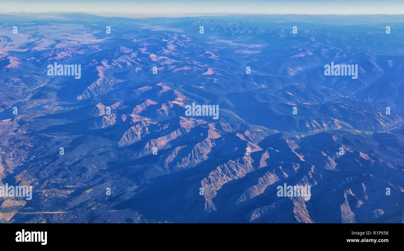 Aerial view of topographical Rocky Mountain landscapes on flight over ...