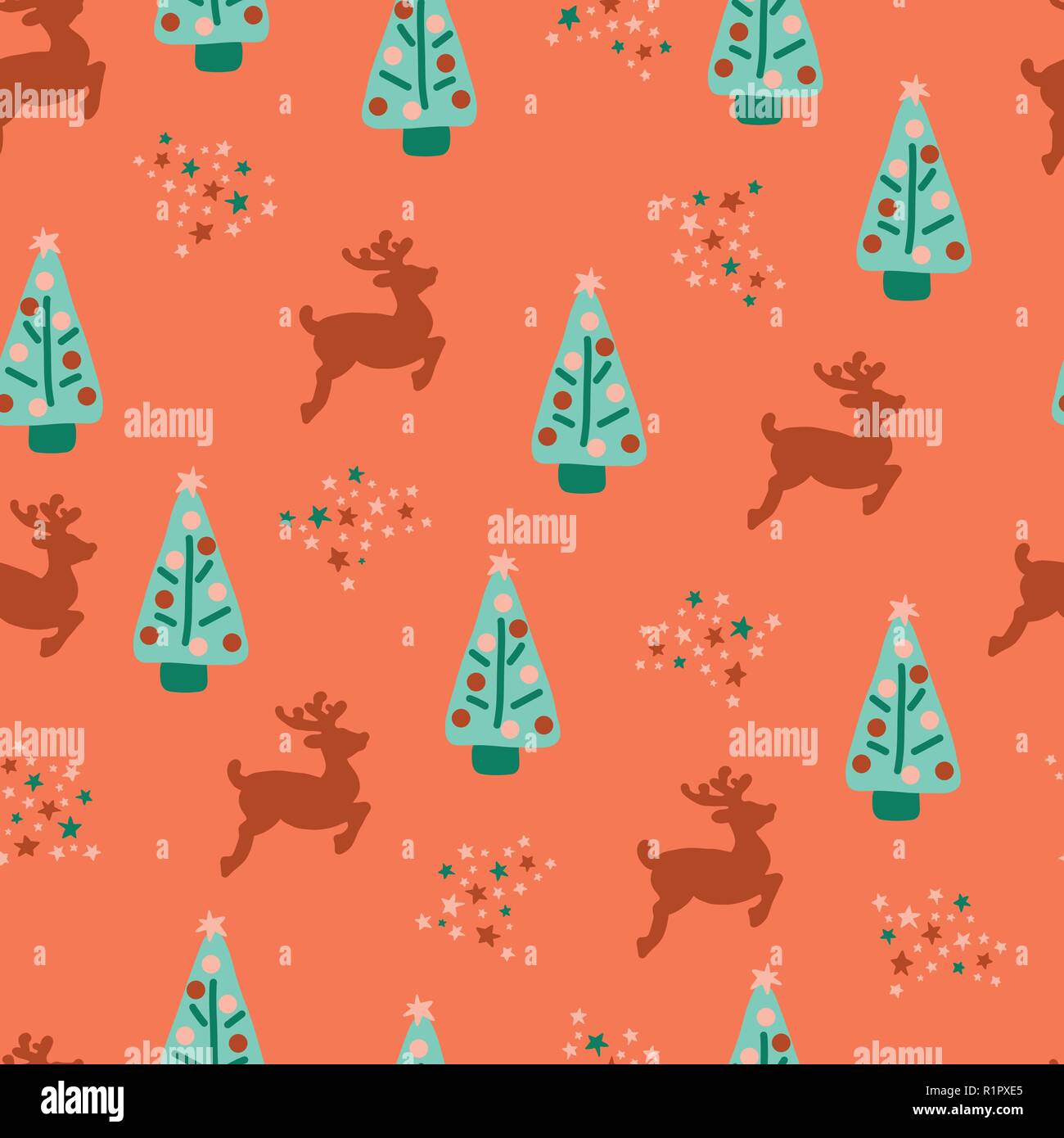 Seamless repeat Christmas trees reindeer stars vector pattern hand ...