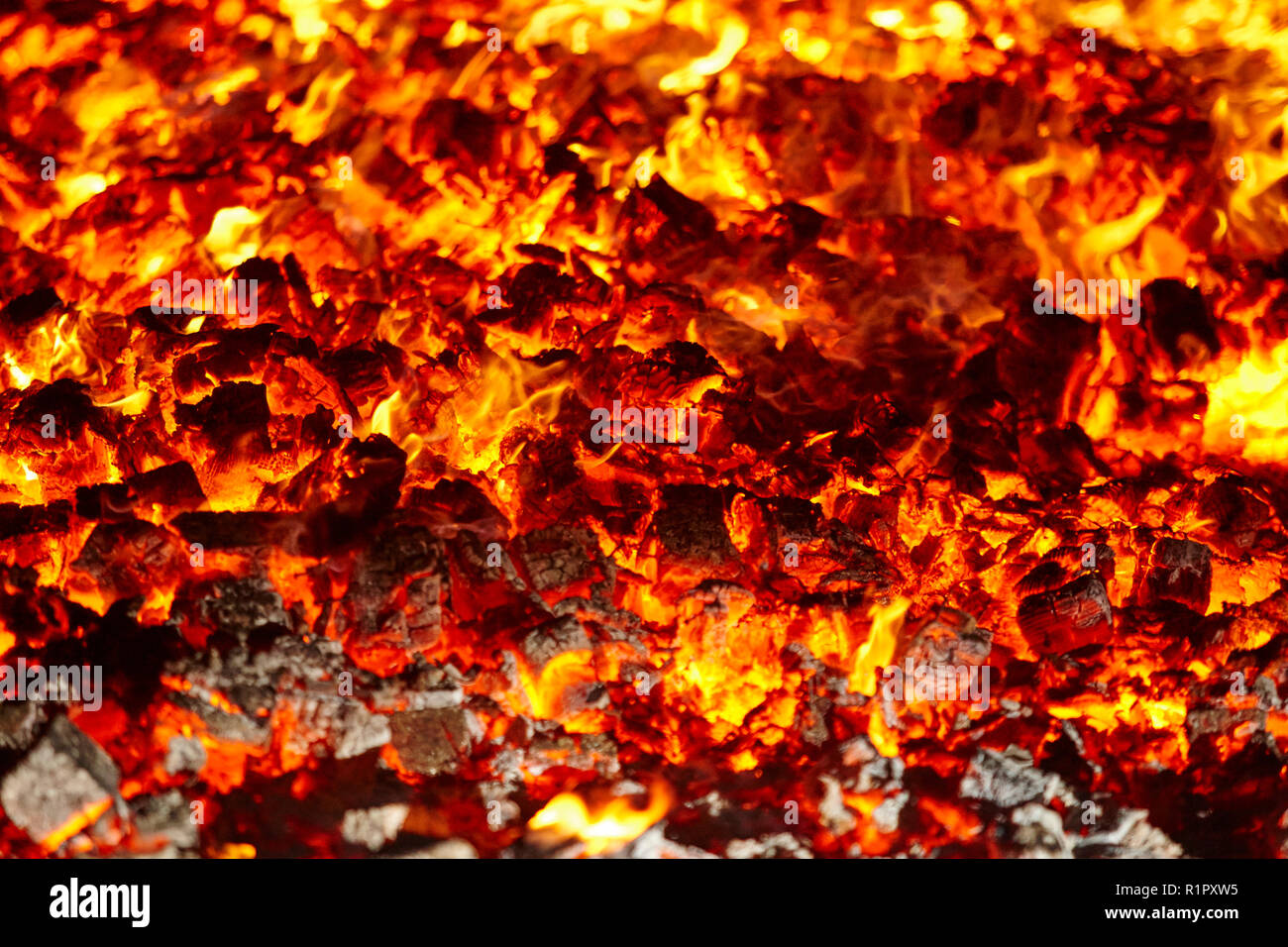 Fire. Volcano incandescent material. Hot charcoal bonfire. Carbon ...