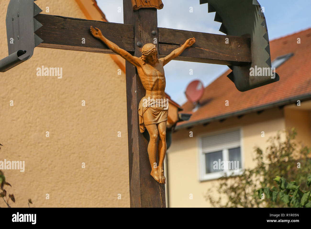 Jesus Christ crucified. An ancient wooden sculpture. Details Stock Photo - Alamy