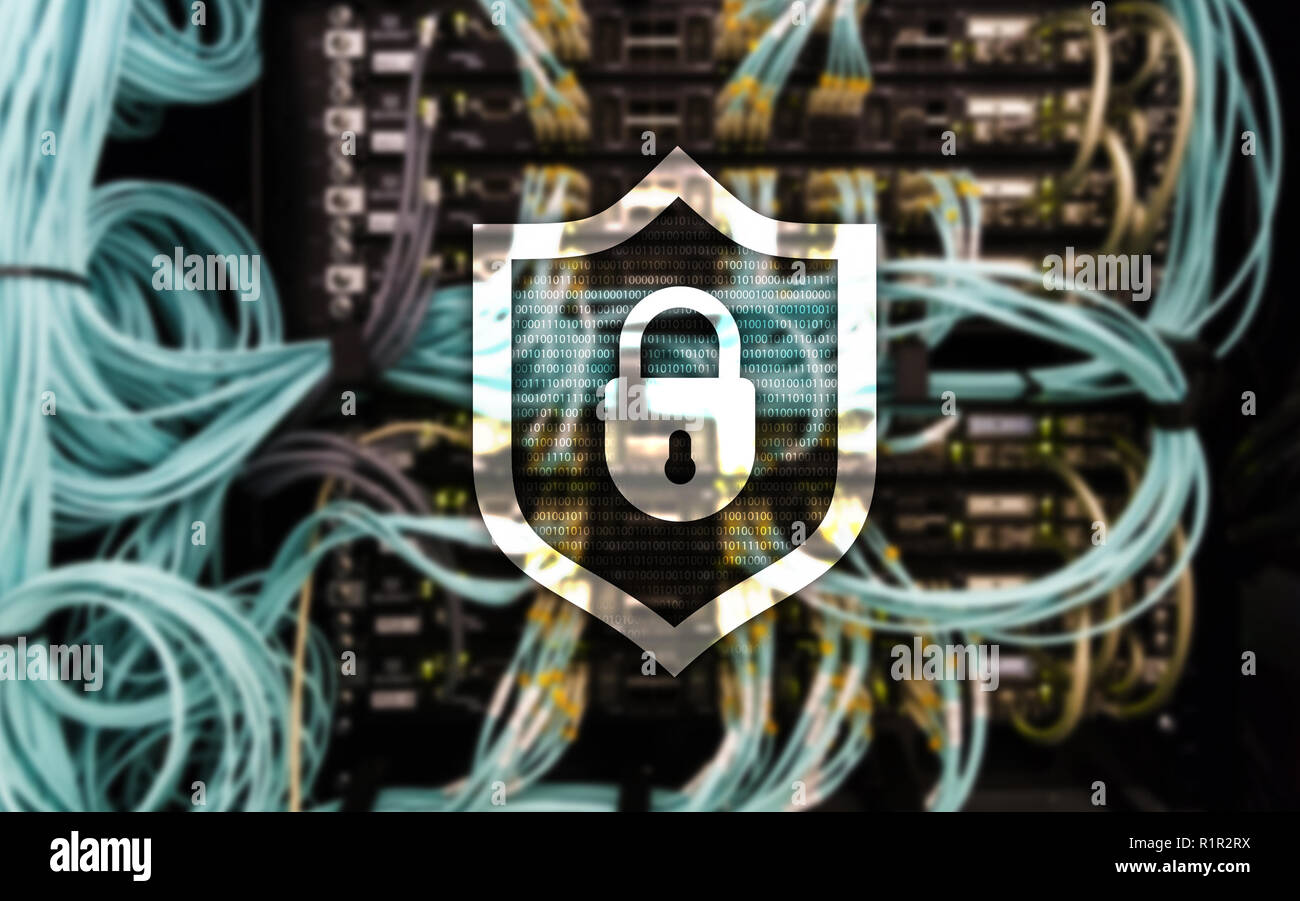 Cyber protection shield icon on server room background. Information ...