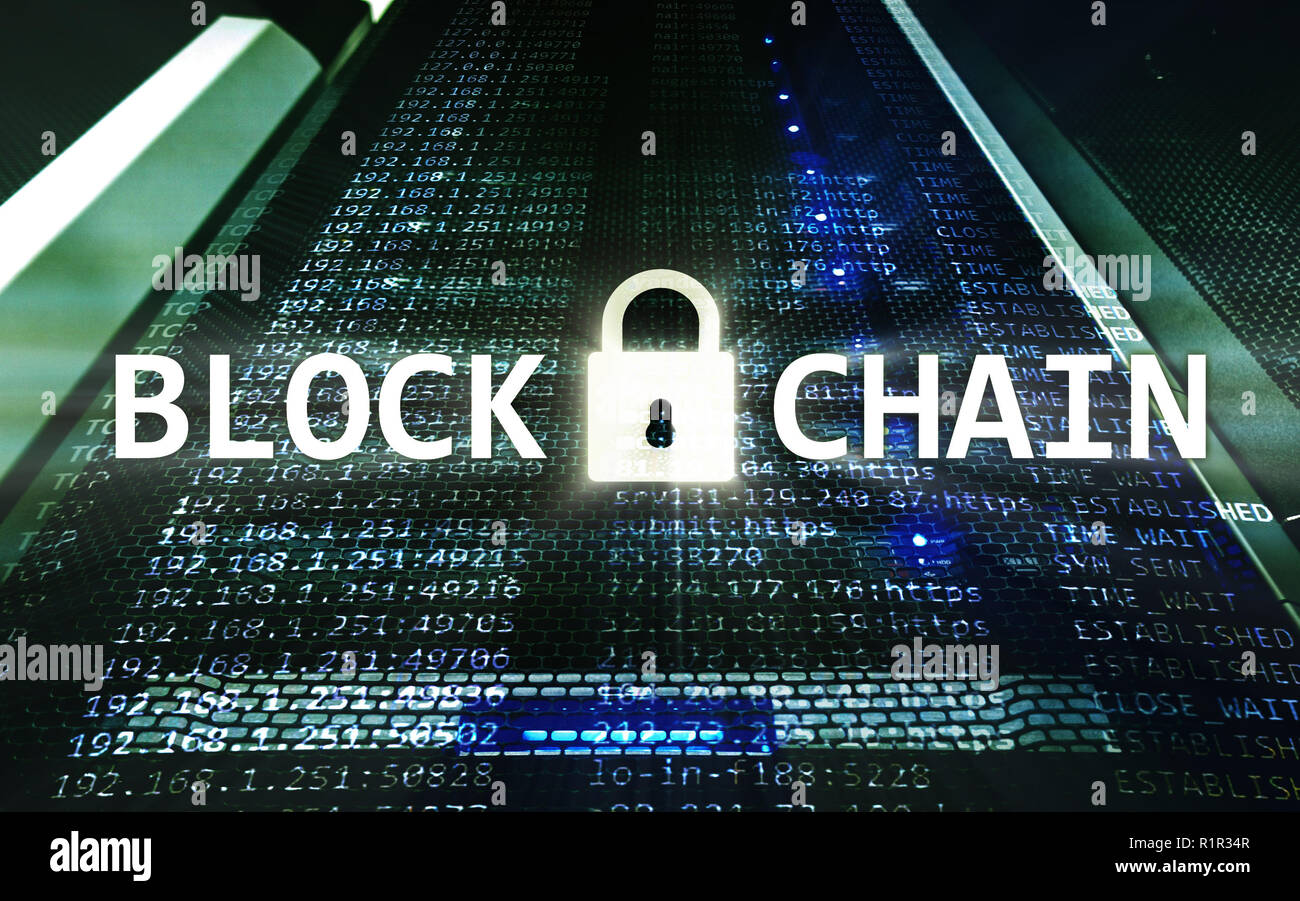 Blockchain technology Concept on server background. Data encryption ...