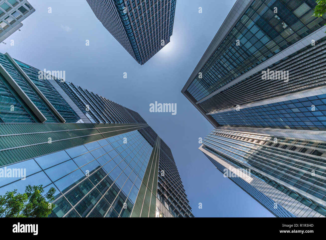 Low angle up view of skyscraper buildings scenery. Marunouchi district ...