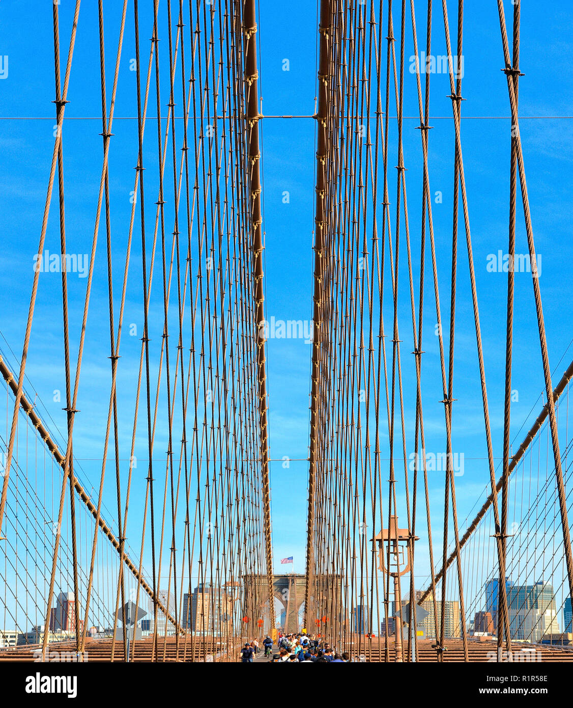 Structural detail of the Brooklyn Bridge looking up at the network of ...