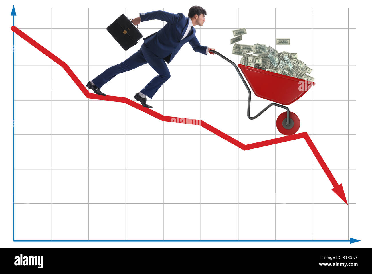 Businessman pushing money wheelbarrow down the chart Stock Photo - Alamy