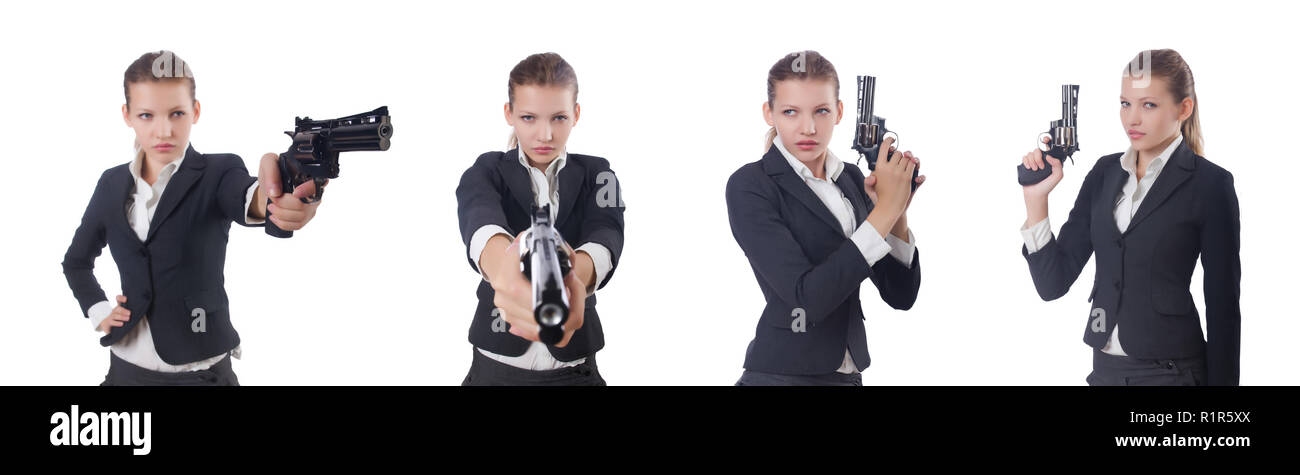 Woman businesswoman with gun on white Stock Photo - Alamy