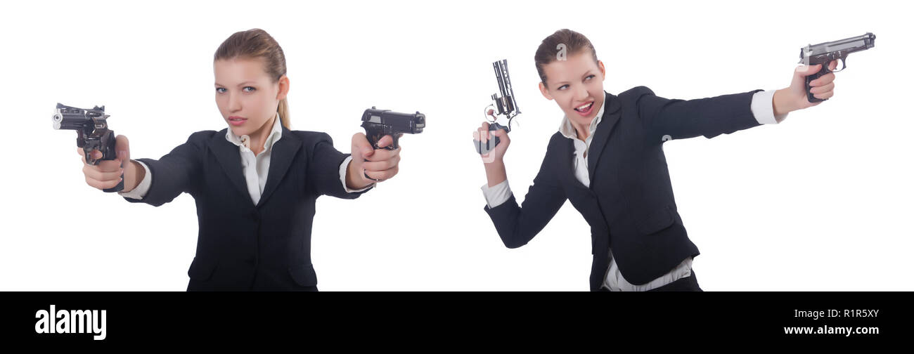 Woman businesswoman with gun on white Stock Photo - Alamy