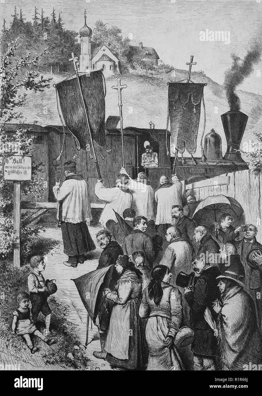 Digital improved reproduction, a church procession has to wait at the ...