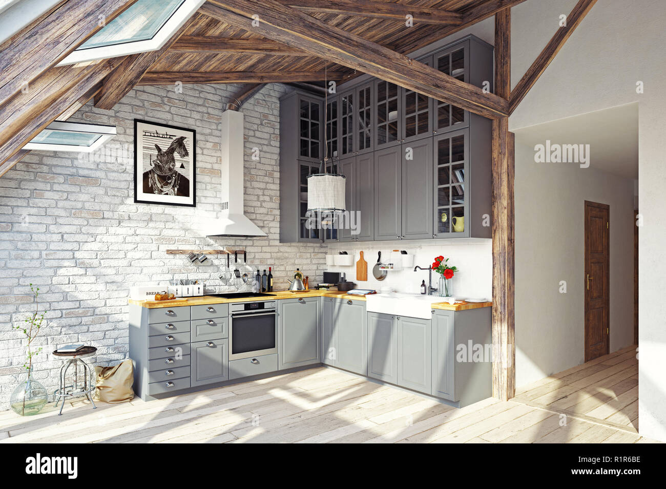 modern attic kitchen interior. 3d rendering design concept Stock Photo ...