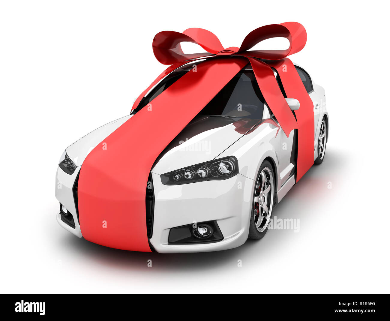 Car and red ribbon gift on white background. 3d illustration Stock ...