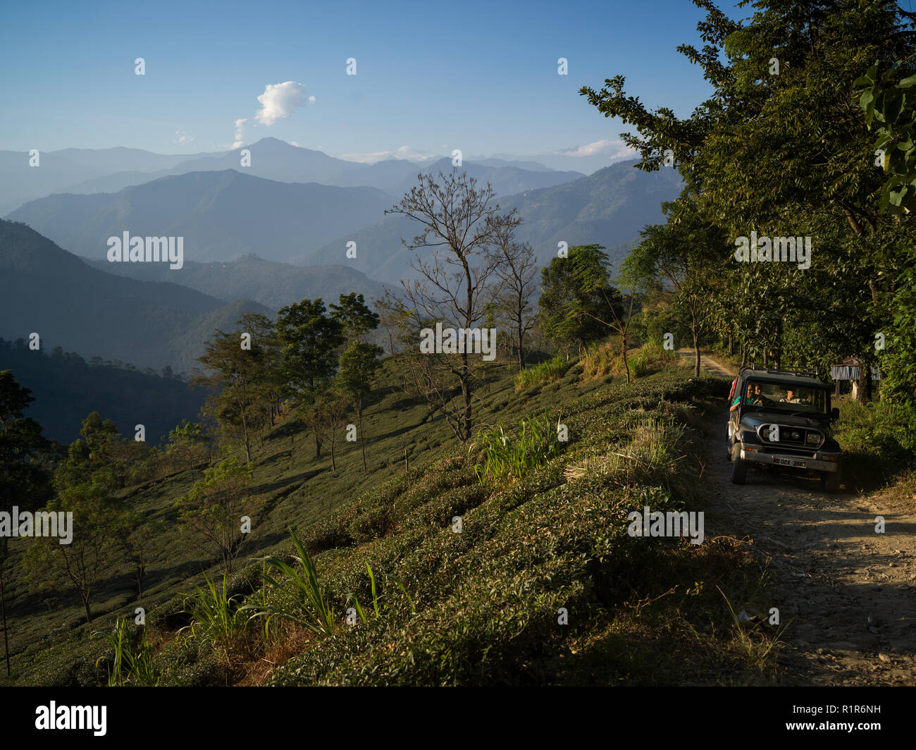 Vehicle driving along hillside road, Darjeeling, West Bengal, India ...