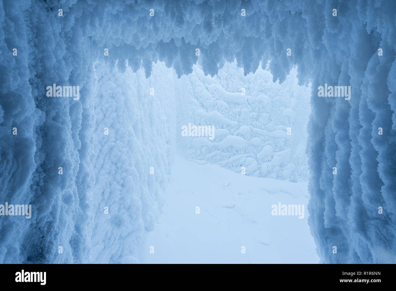 Christmas background for design. Frost on the walls of the room and ...