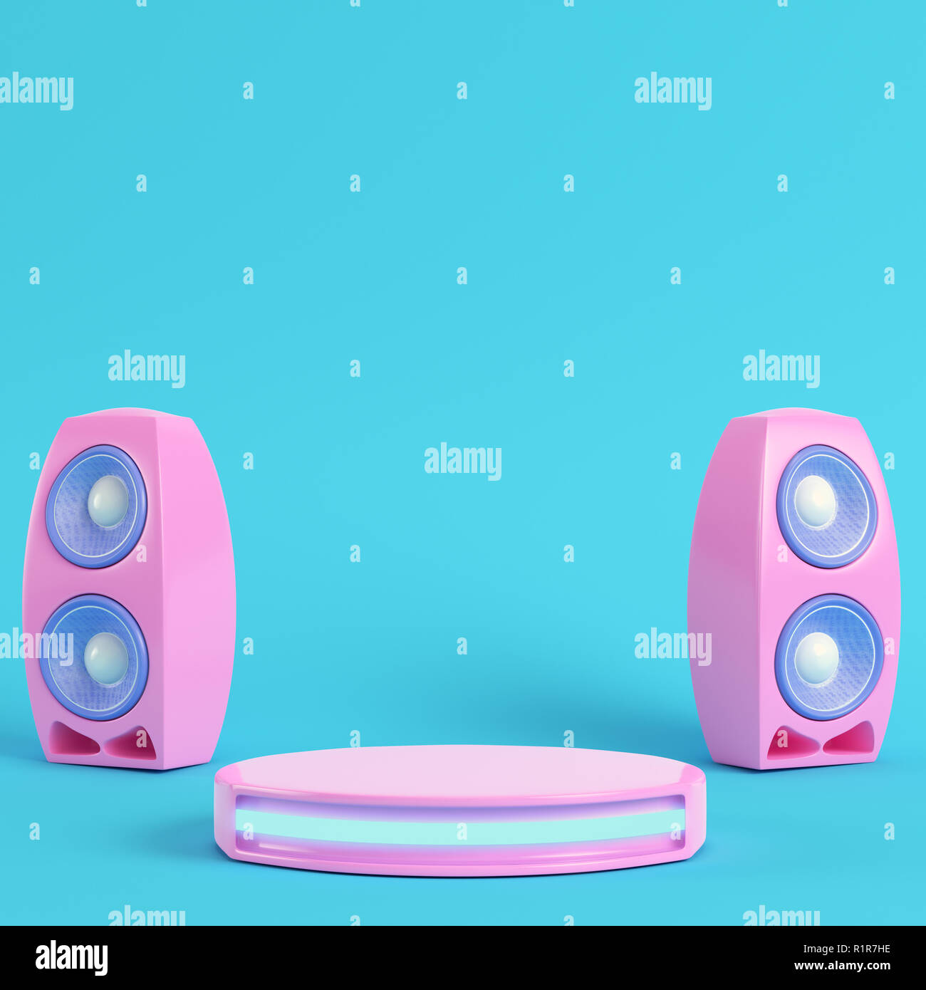 Concert stage with and speakers on bright blue background in pastel ...