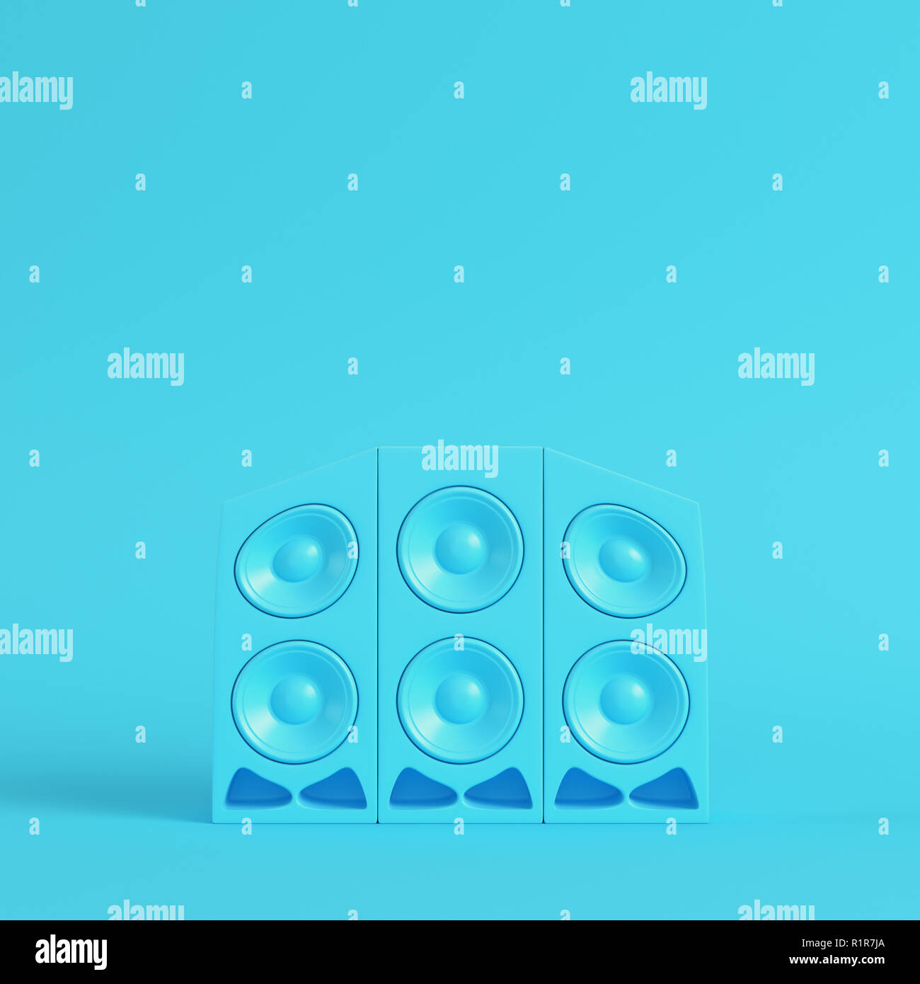 Stereo speakers on bright blue background in pastel colors. Minimalism ...