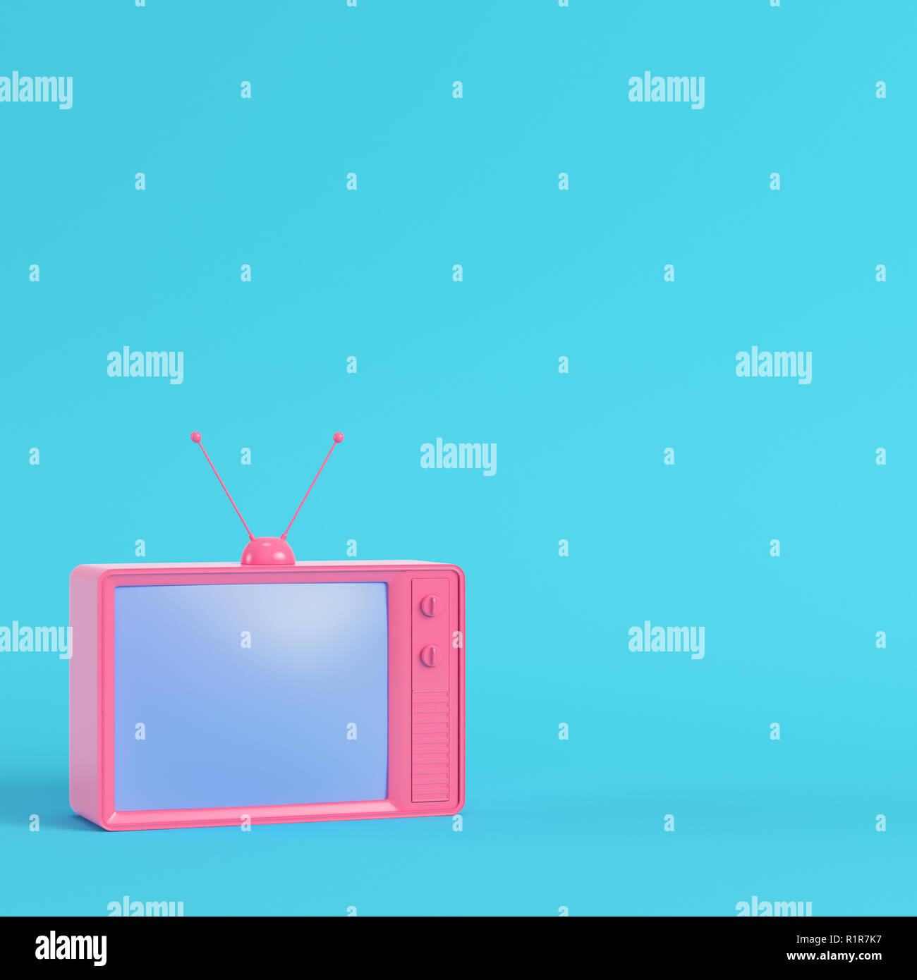 Pink retro styled tv on bright blue background in pastel colors ...