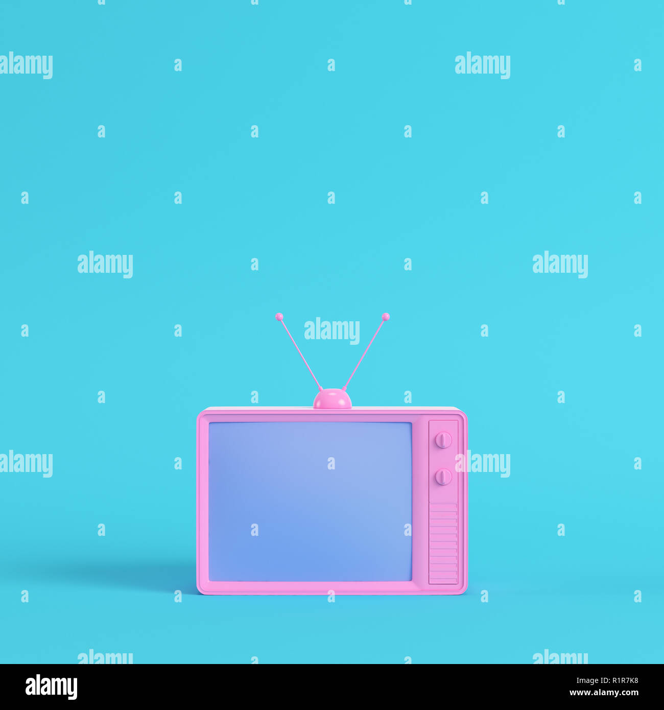 Pink retro styled tv on bright blue background in pastel colors ...