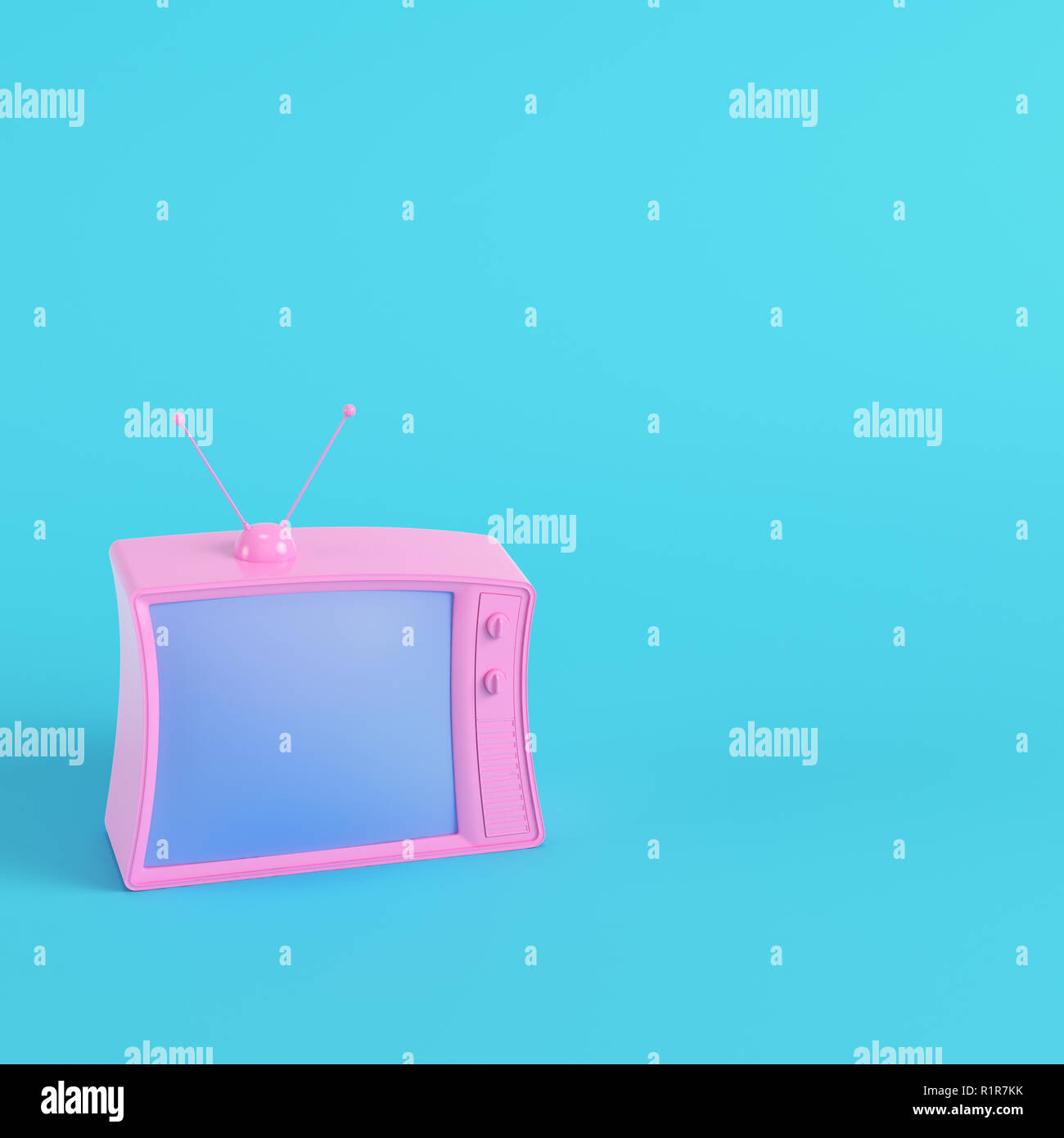 Pink retro styled tv on bright blue background in pastel colors ...