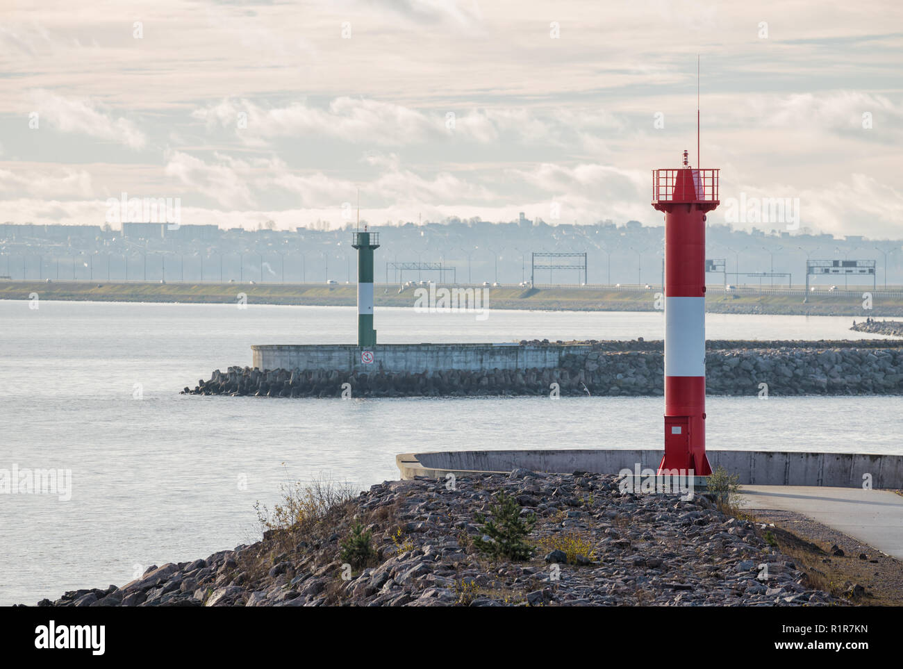 Two lighthouses at exit from Neva Bay against background of St ...