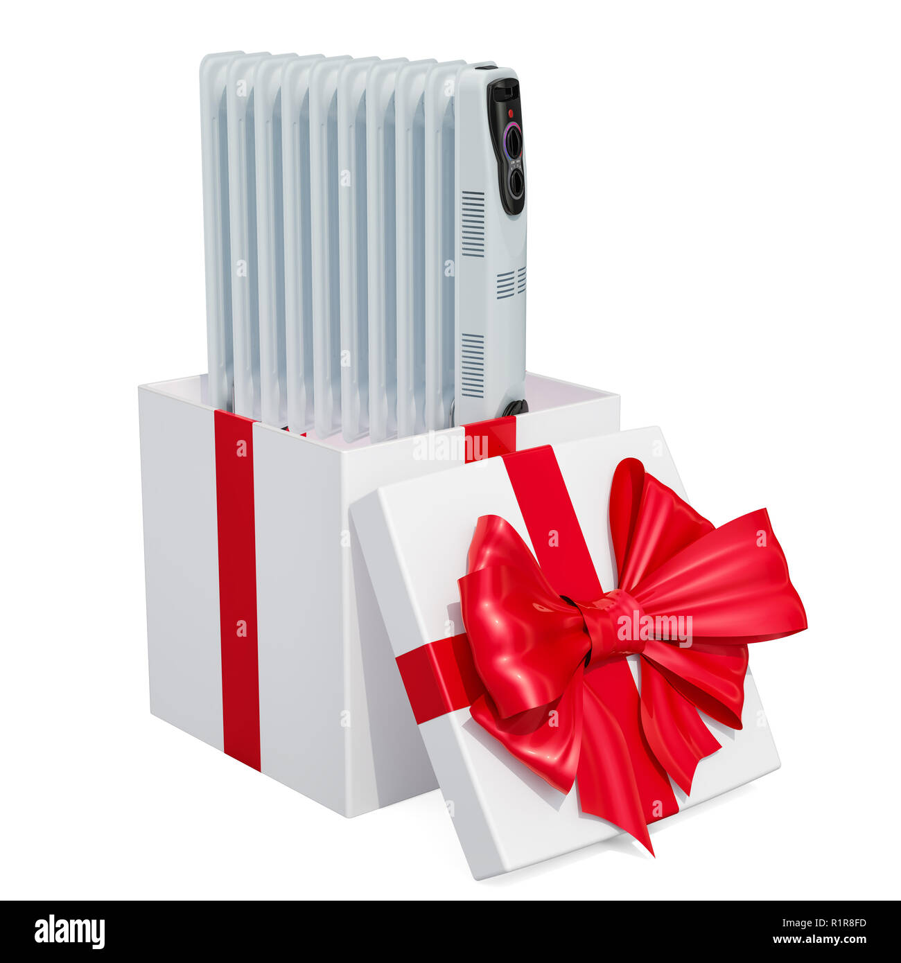 Electric oil heater, oil-filled radiator inside gift box. 3D rendering ...