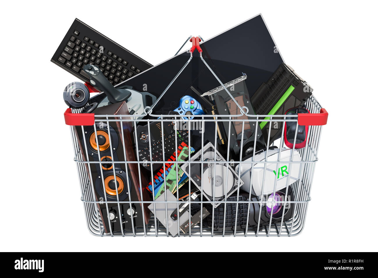 Computer device and accessories inside shopping basket, 3D rendering ...